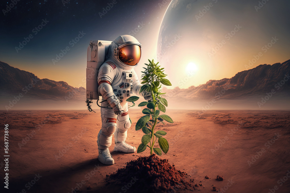 An astronaut planting a tree sapling on the mars surface. Digital ...
