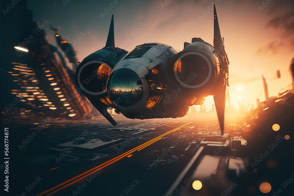 Illustration of an aerial battle with a spacecraft flying over a ...