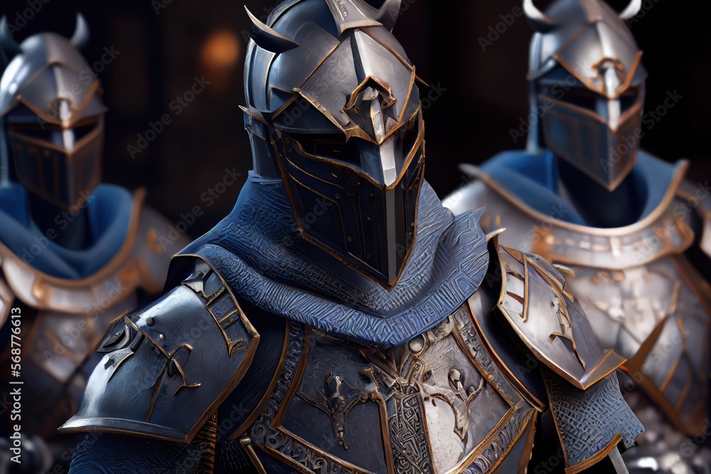 A cavalry of strong mature knights dressed in scale mail armor ...