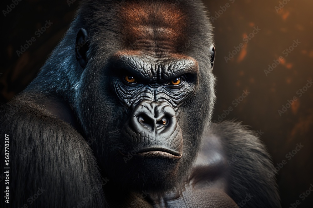 Portrait face powerful dominant male gorilla on black background ...