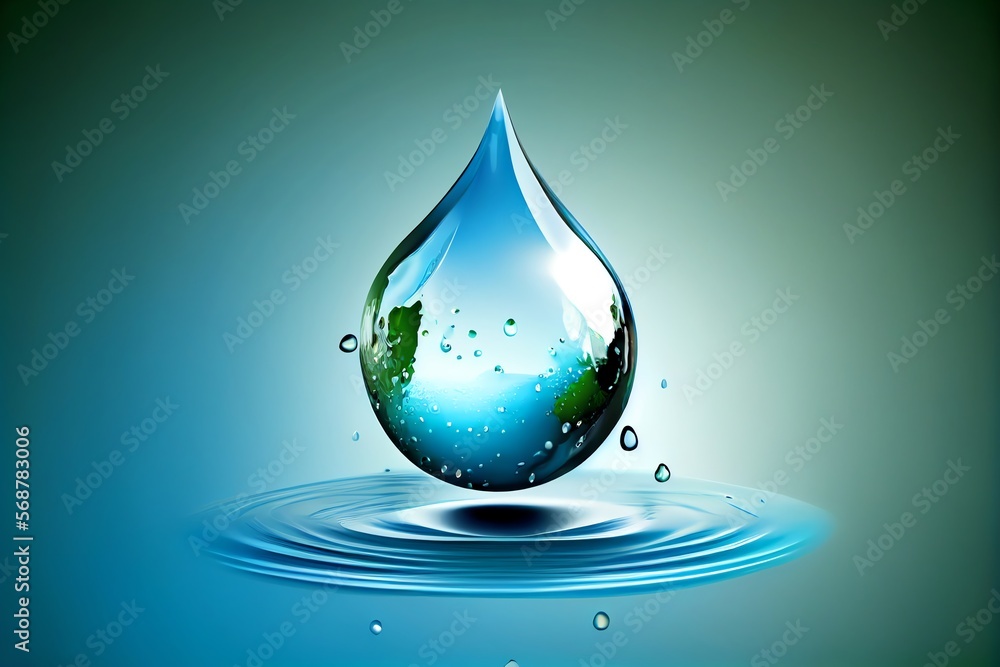 World water day. Realistic drop of water falling on blue sea background ...