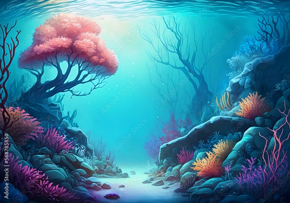 Colorful bright cartoon sea floor with algae corals and stones with ...