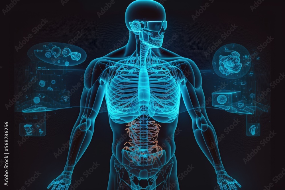 Human body hologram. Medical observation on blue digital screen with ...