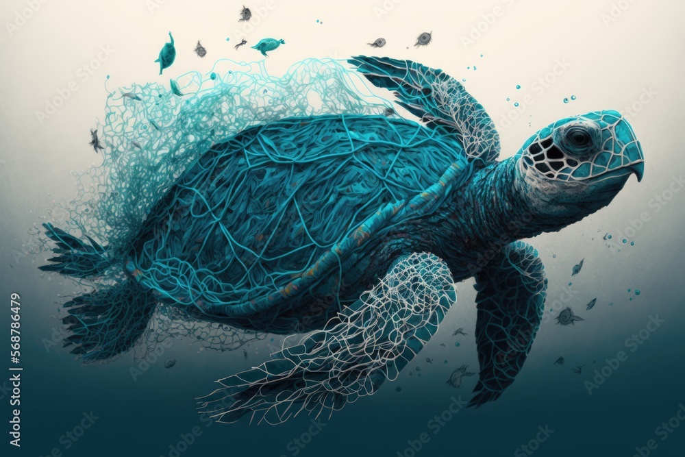 Sea turtle caught with fishing net abandoned in the sea. Pollution ...