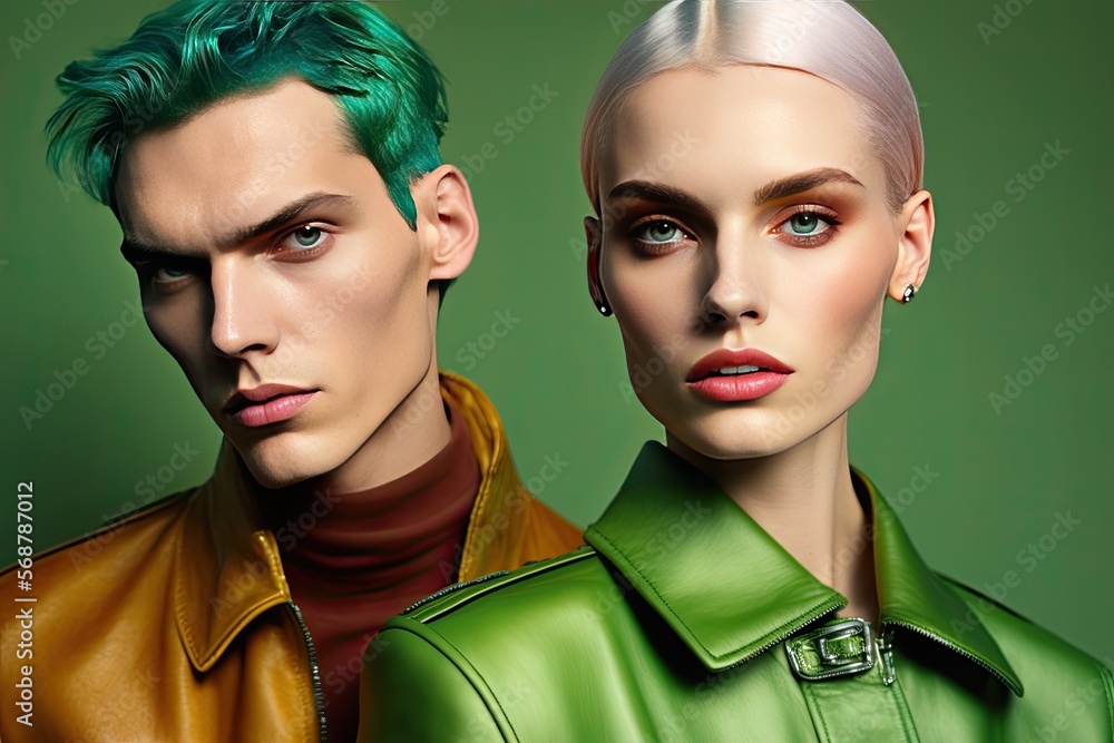 Two fashion models wearing colourful hairstyle posing in green studio ...