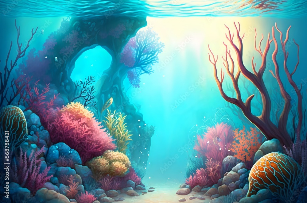Colorful bright cartoon ocean floor with algae corals and rocks in a ...
