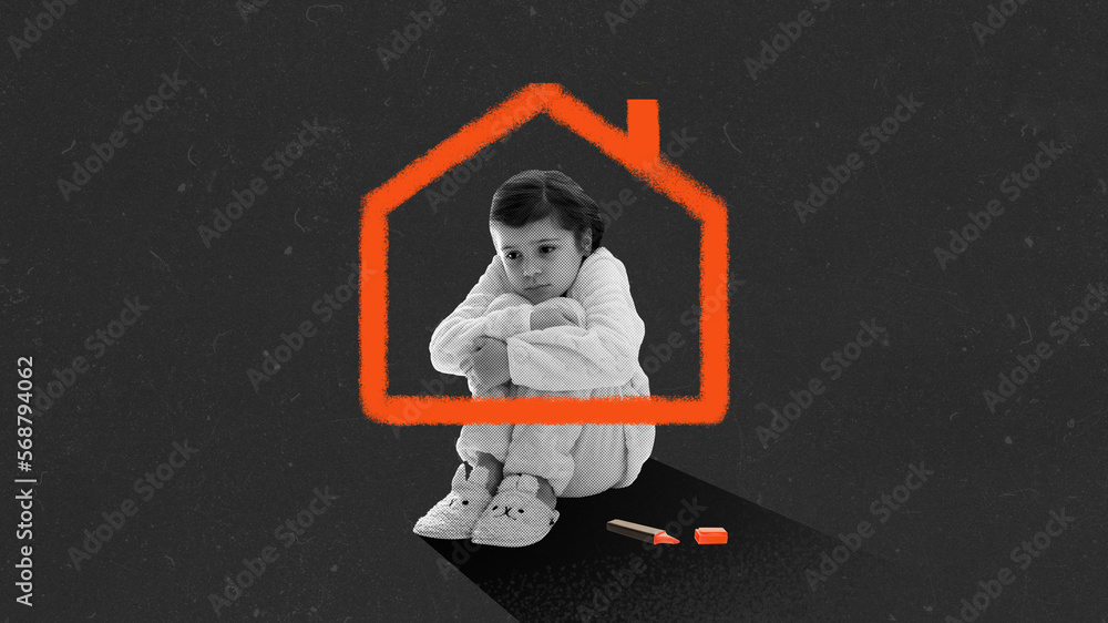 Sad little girl looking at camera sadly. Conceptual art collage in ...