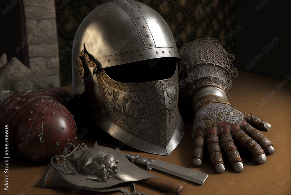 Typical items from a medieval entertainment, including a metal helmet ...