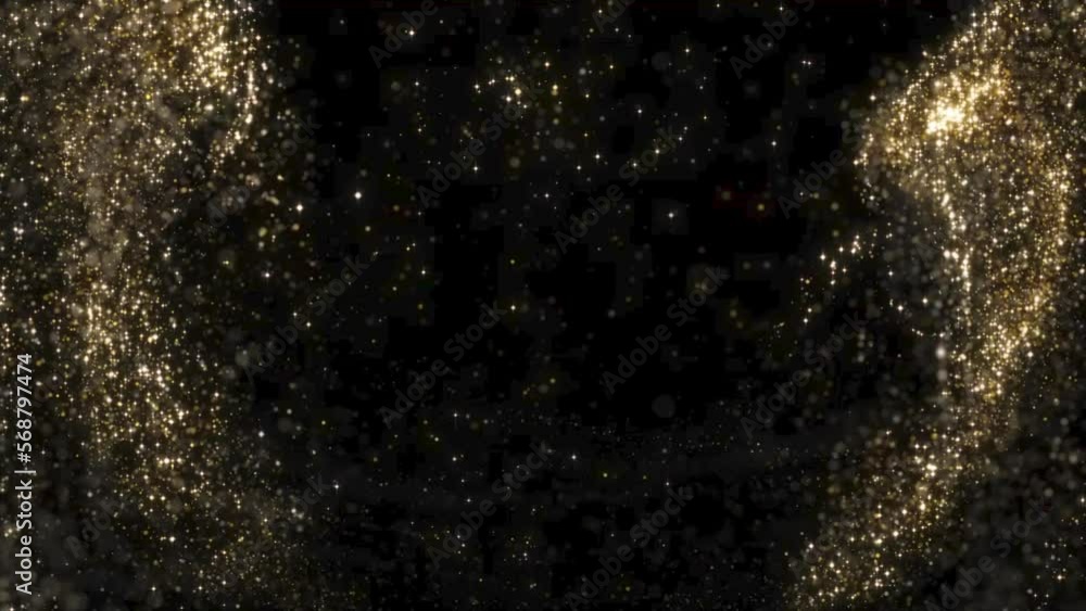 Golden glitter background in slow motion. Beautiful transition with real gold particles flying ...