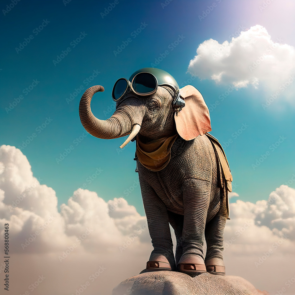 elephant with pilot goggles on top of a cloud, cloudless sky background ...