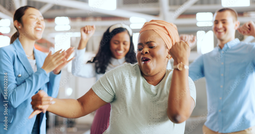 Creative business people, dancing and celebration at office for ...