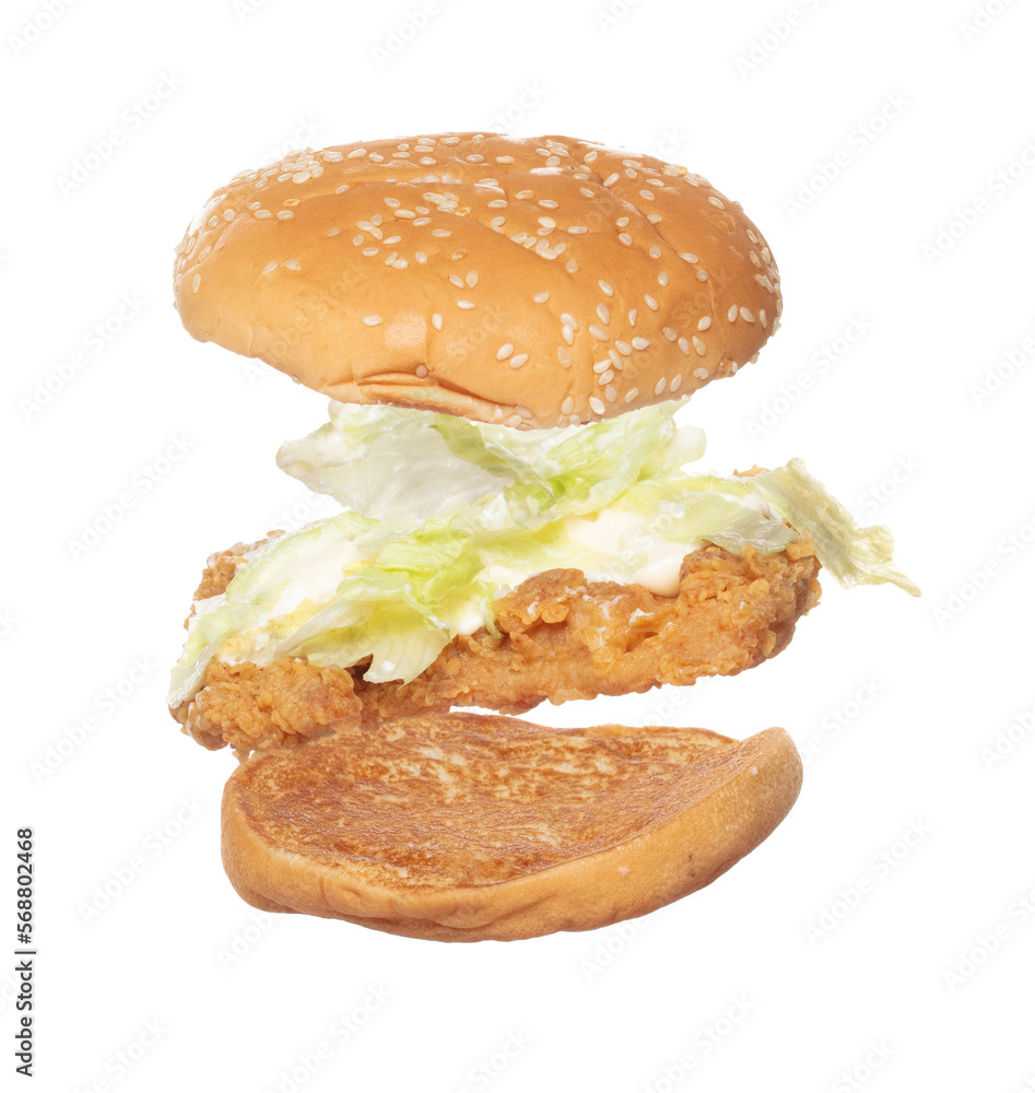 Fried Chicken Burger fly explosion, Chicken Burgers vegetable fall down ...