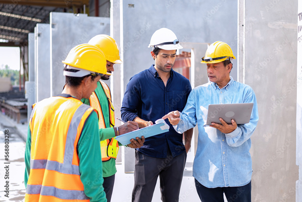 At building construction site engineer check quality precast concrete ...