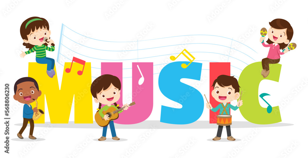 Play music concept of children group.Cartoon dancing kids and kids with ...