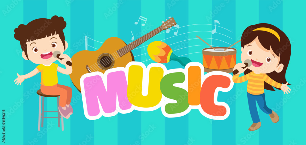 Play music concept of children group.Cartoon dancing kids and kids with ...