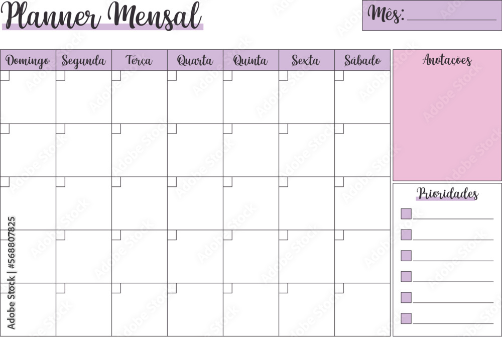 Planner Mensal em Rosa e Roxo Stock Vector | Adobe Stock