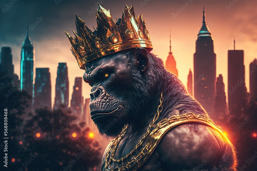 Gorilla,Ape king with gold crown ,new you york city on the background ...