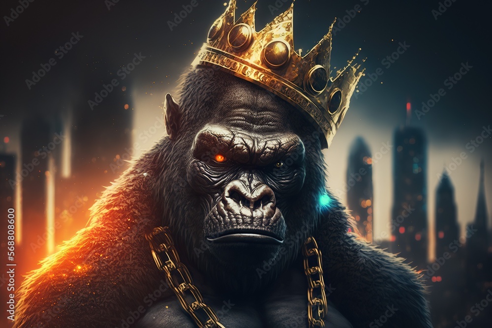 Gorilla,Ape king with gold crown ,new you york city on the background ...