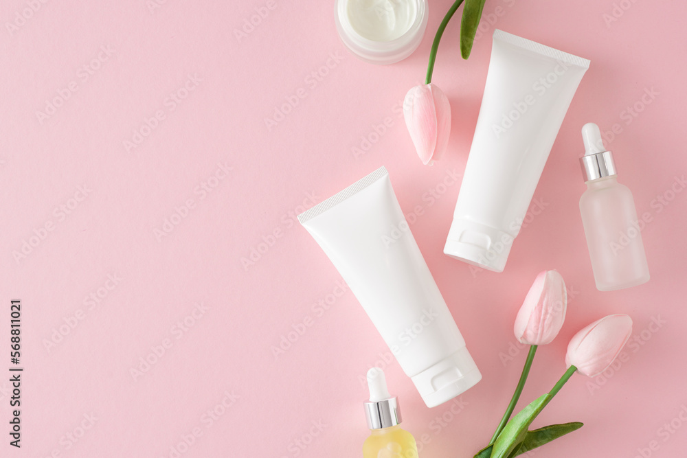 Organic skincare concept. Flat lay photo of cosmetic tubes without ...