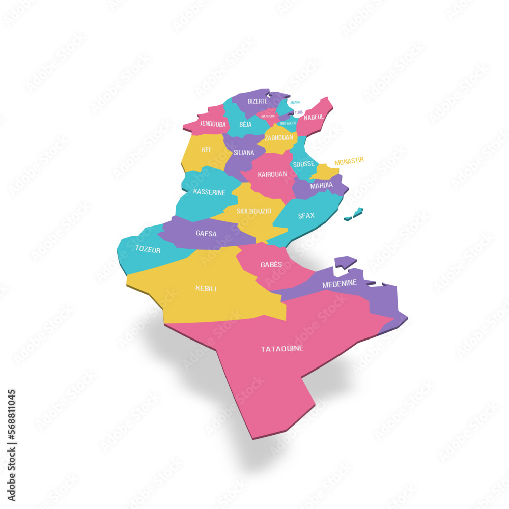 Tunisia political map of administrative divisions - governorates. 3D ...