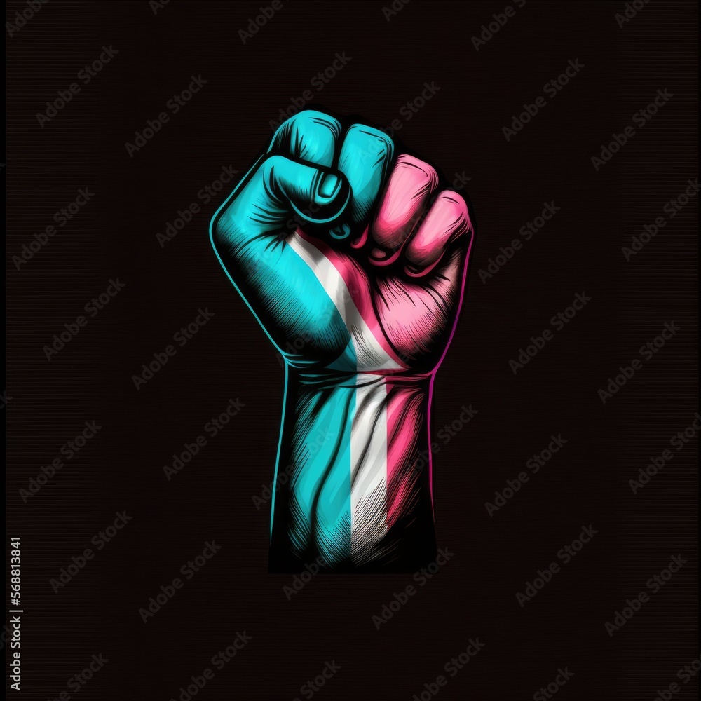 Hand with fist raised in the colors of the Transgender Community flag ...
