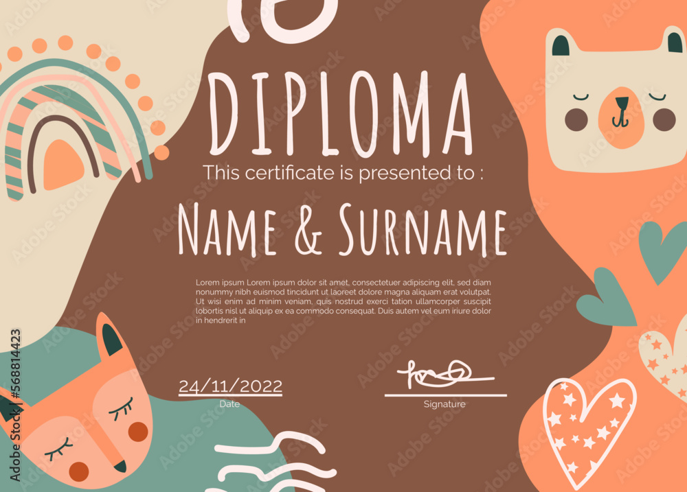 boho animals-themed kids diploma template. kids graduation award ...