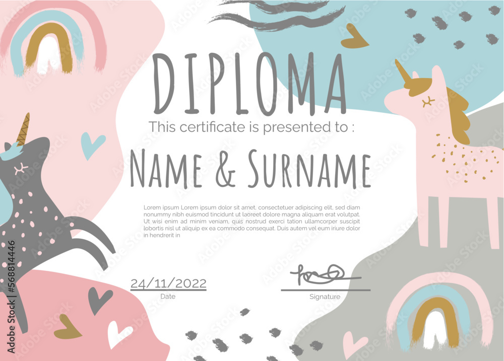 unicorn kids diploma template. kids graduation award certificate. Stock ...