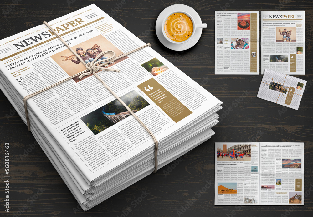 Newspaper Layout with Golden Accents Stock Template | Adobe Stock