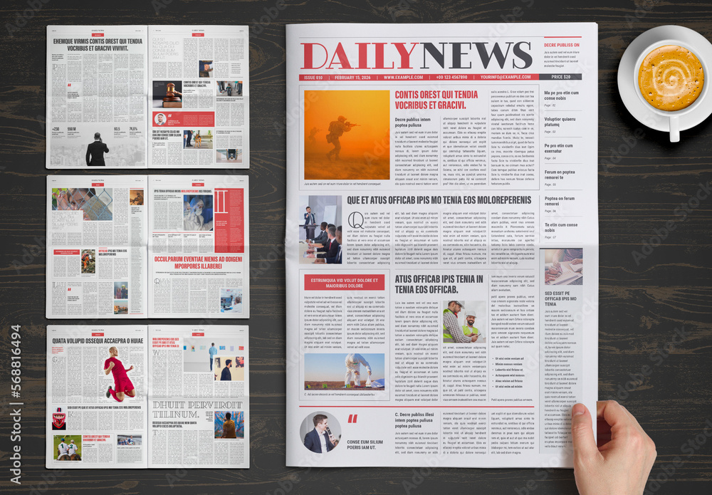 Newspaper Layout with Red Accents Stock Template | Adobe Stock