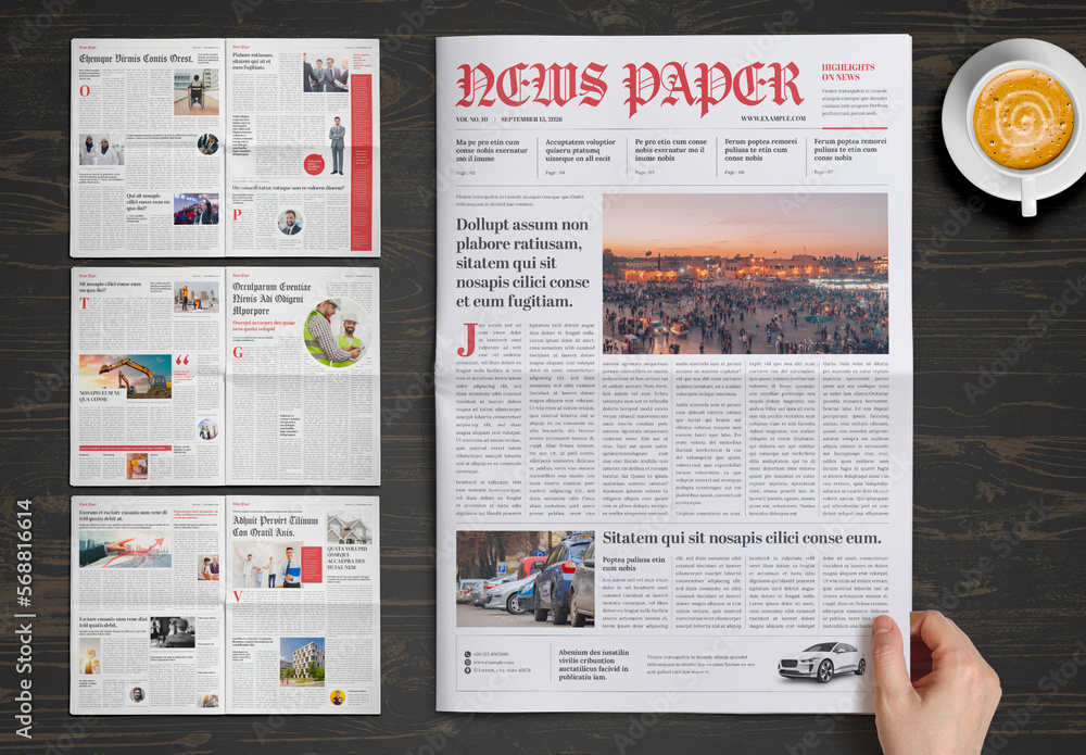 Newspaper Layout with Red Accents Stock Template | Adobe Stock