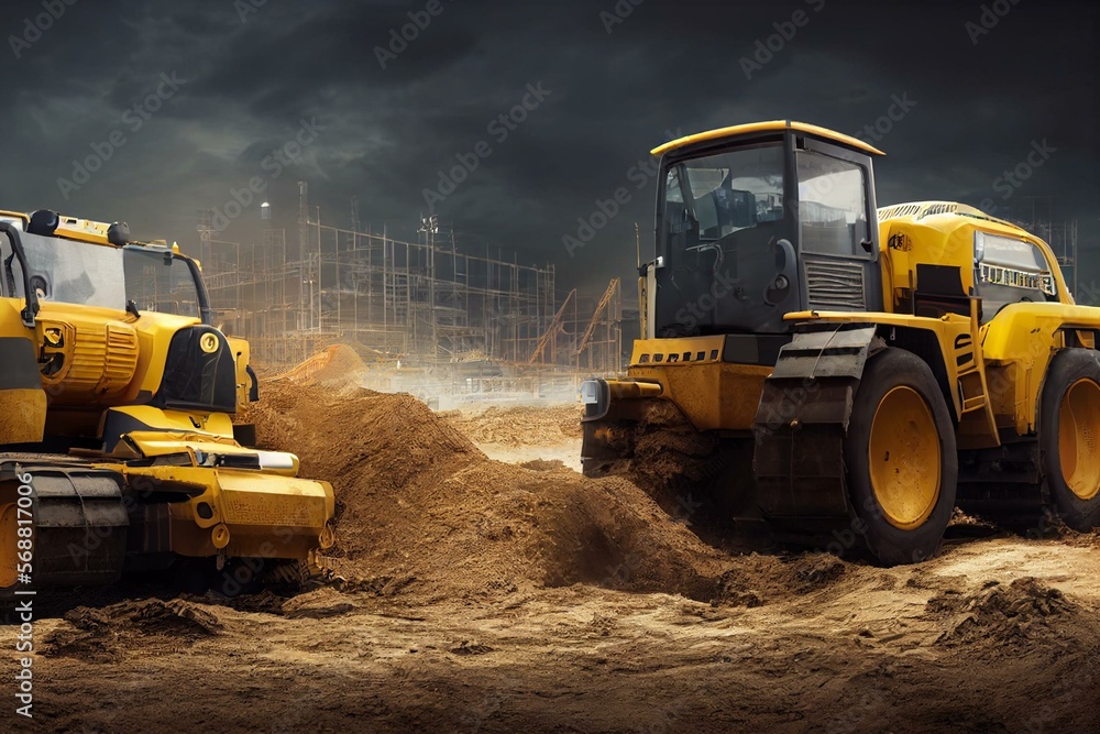 Bulldozer with HUD elements at a construction site. Modern bulldozer ...