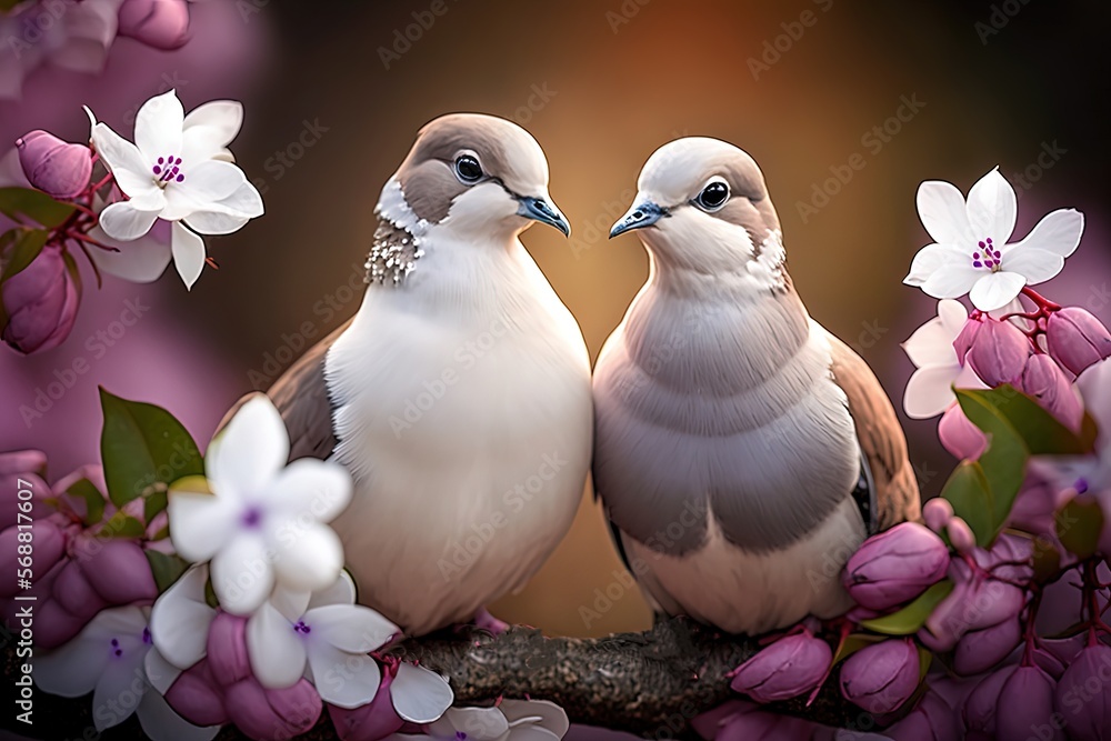 close up cute couple pigeon birds cuddle each other during warm spring ...