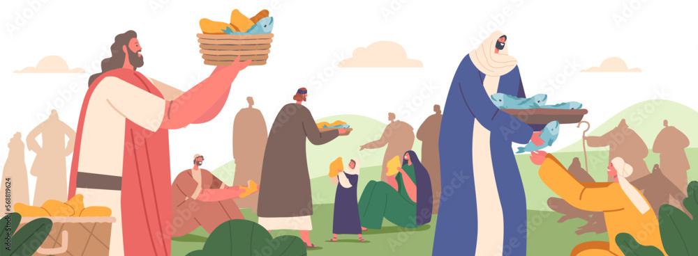 Apostles of Christ Characters Give Food to Hungry Crowd. Biblical Story ...