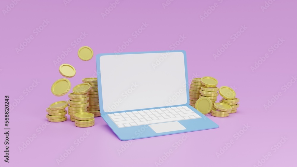 perspective computer laptop mockup with stack of gold coins. blank ...