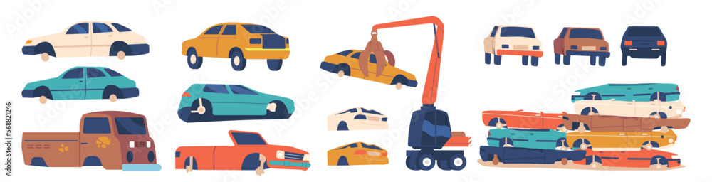 Dismantled Used Automobiles Icons Set. Manipulator Crane Holding Old ...