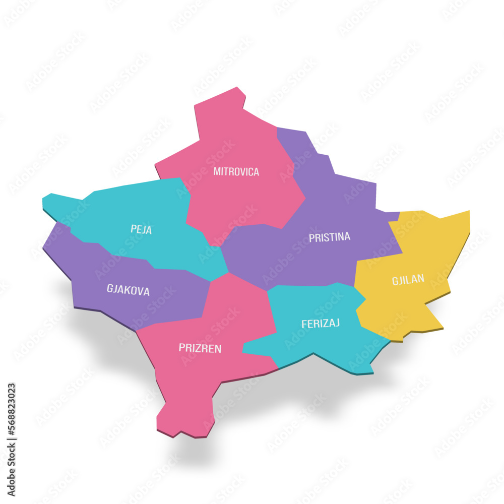 Kosovo political map of administrative divisions - districts. 3D ...