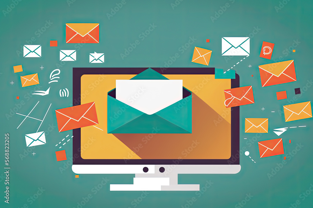 Email newsletter marketing envelopes floating around a monitor ...