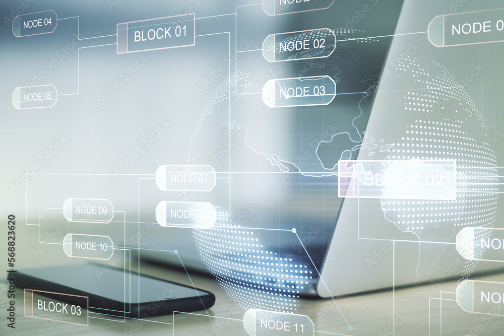 Foto de Double exposure of abstract programming language with world map ...