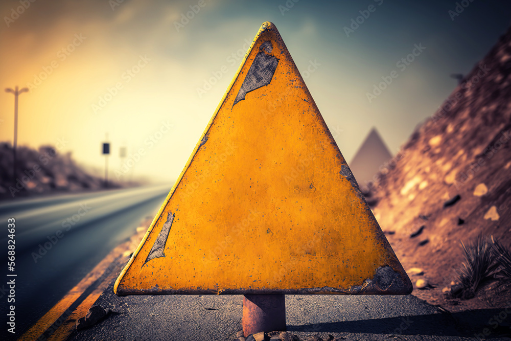 A blank triangle traffic safety sign in reflective yellow color is ...