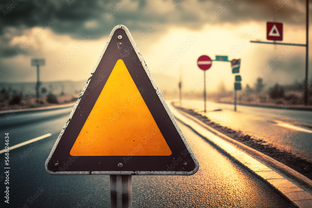A blank triangle traffic safety sign in reflective yellow color is ...
