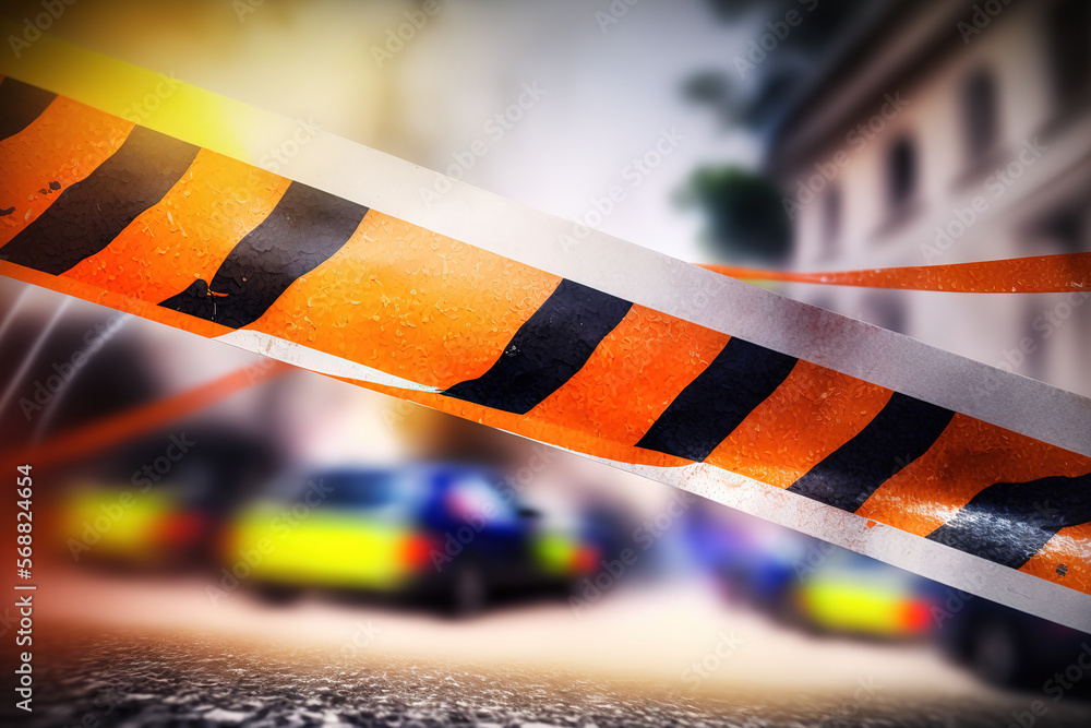 The line of police barricade tape in yellow-black color with blurred ...