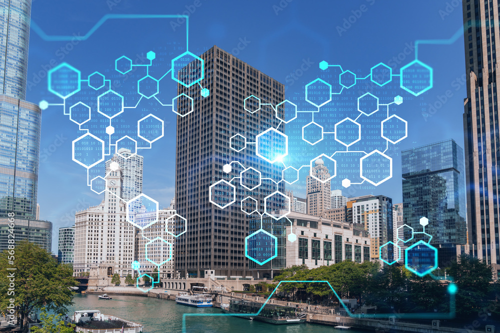 Panorama cityscape of Chicago downtown and Riverwalk, boardwalk with ...