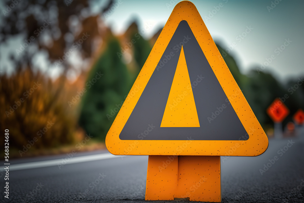 A blank triangle traffic safety sign in reflective yellow color is ...