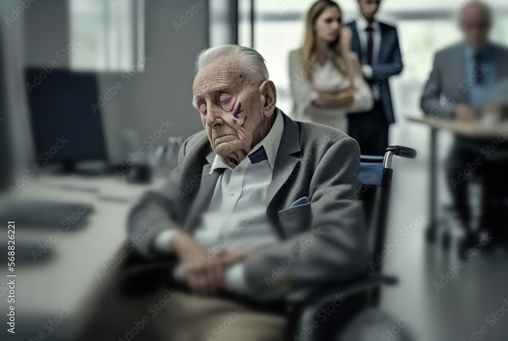 work until old age, old man in a wheelchair in everyday working life ...