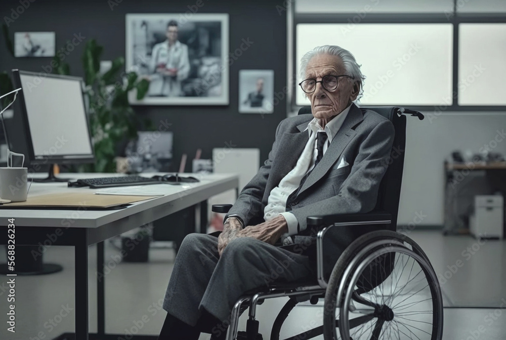 work until old age, old man in a wheelchair in everyday working life ...