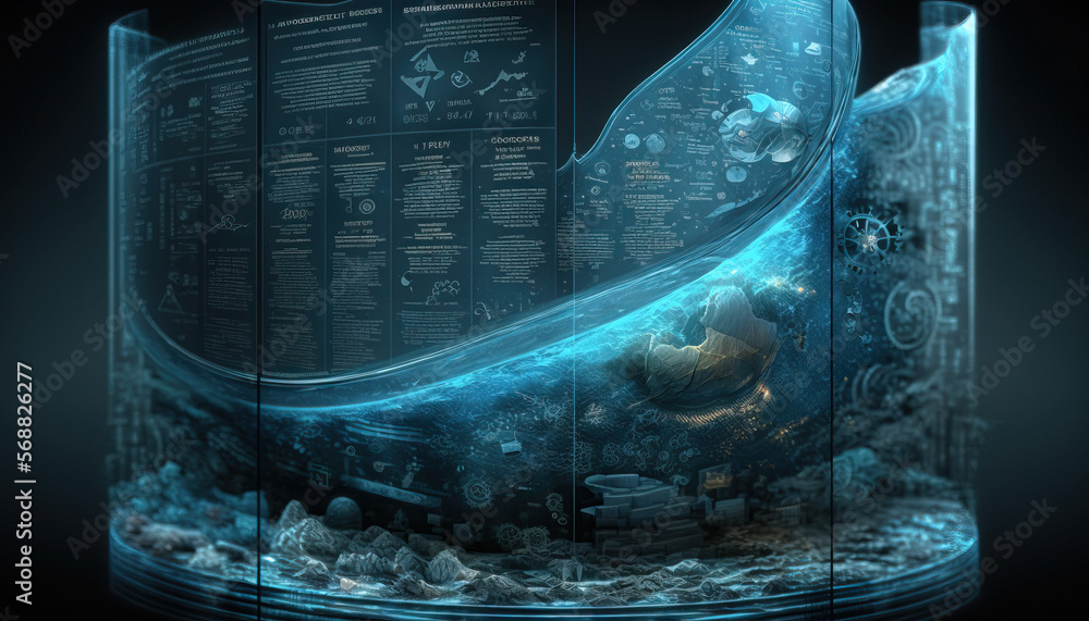 Alien technology desktop with blue abstract curved shapes and script ...