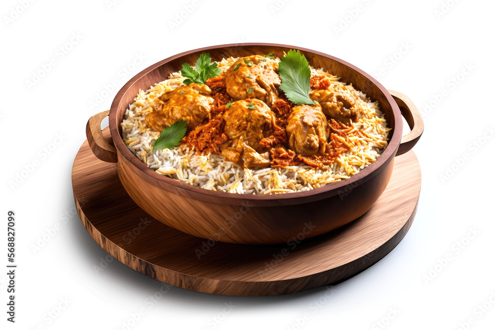 Indian Spicy Butter Chicken Biryani Served in a Dish Isolated on Wooden ...