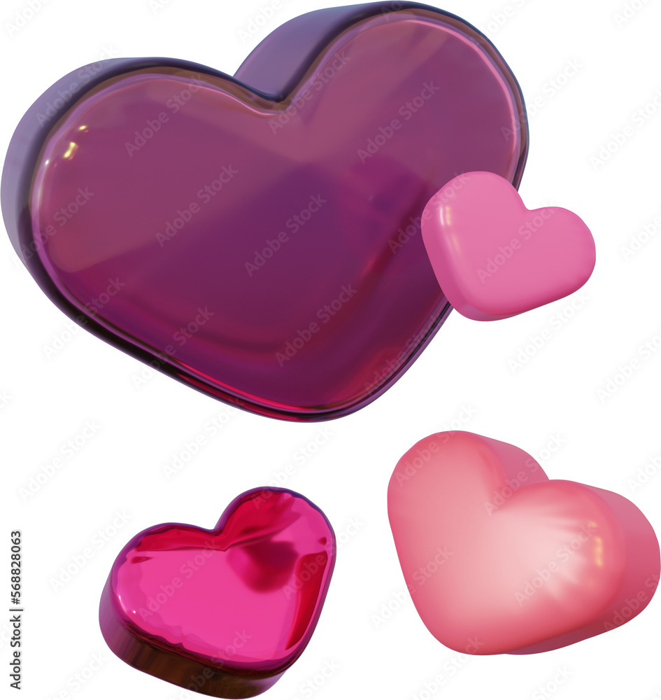 Red, violet, pink, realistic heart's composition. 3D rendered. Happy ...