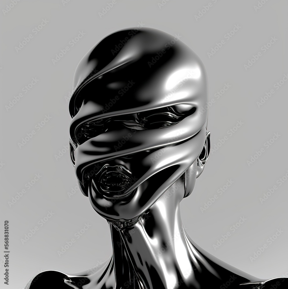 Chrome woman melting metal head. Amorphic humanoid cyborg robot. Cyberpunk and Darksynth ...