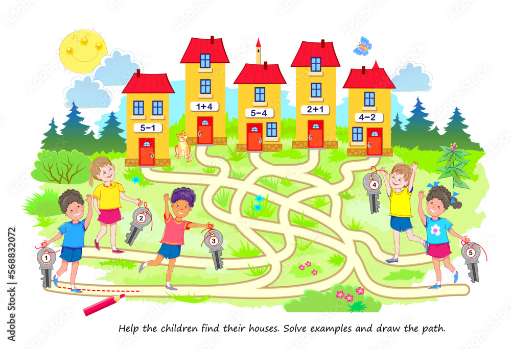 Mathematical education for kids. Help the children find their houses ...